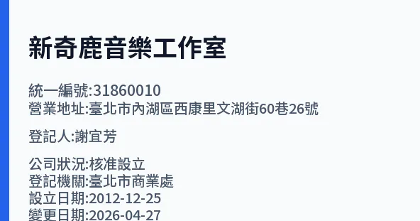新奇鹿音樂工作室的照片-統編 31860010(臺北市) 公司登記資料與營業項目詳細圖表