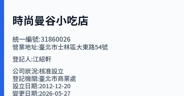 時尚曼谷小吃店的照片-統編 31860026(臺北市) 公司登記資料與營業項目詳細圖表