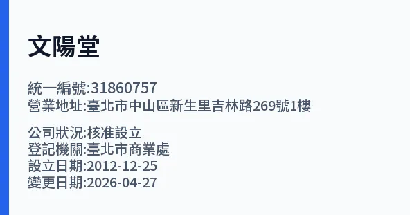 文陽堂的照片-統編 31860757(臺北市) 公司登記資料與營業項目詳細圖表