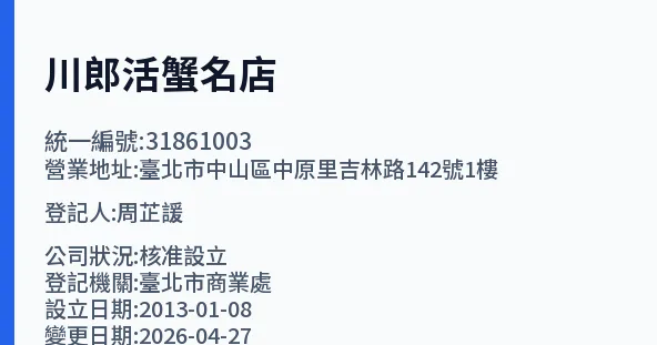 川郎活蟹名店的照片-統編 31861003(臺北市) 公司登記資料與營業項目詳細圖表