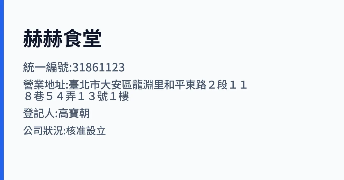 赫赫食堂 - 統編 31861123(臺北市) 公司登記資料與營業項目詳細圖表