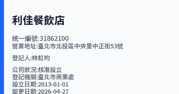 利佳餐飲店的照片-統編 31862100(臺北市) 公司登記資料與營業項目詳細圖表