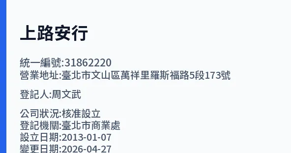 上路安行的照片-統編 31862220(臺北市) 公司登記資料與營業項目詳細圖表
