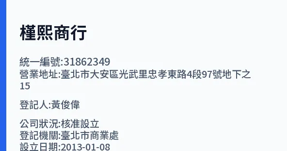 槿熙商行的照片-統編 31862349(臺北市) 公司登記資料與營業項目詳細圖表