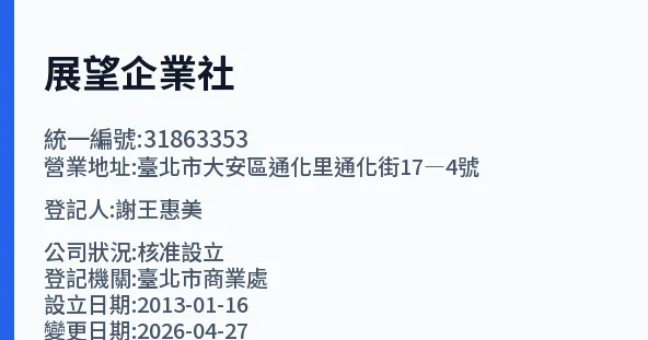 展望企業社的照片-統編 31863353(臺北市) 公司登記資料與營業項目詳細圖表