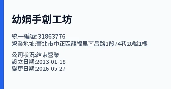 幼娟手創工坊的照片-統編 31863776(臺北市) 公司登記資料與營業項目詳細圖表