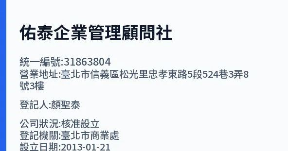 佑泰企業管理顧問社的照片-統編 31863804(臺北市) 公司登記資料與營業項目詳細圖表