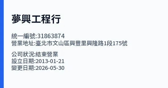 夢興工程行的照片-統編 31863874(臺北市) 公司登記資料與營業項目詳細圖表