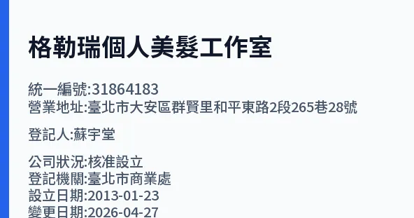 格勒瑞個人美髮工作室的照片-統編 31864183(臺北市) 公司登記資料與營業項目詳細圖表