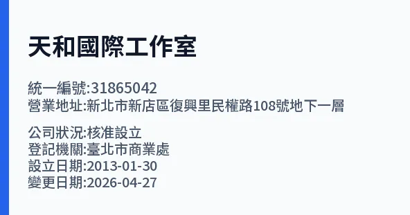 天和國際工作室的照片-統編 31865042(新北市) 公司登記資料與營業項目詳細圖表