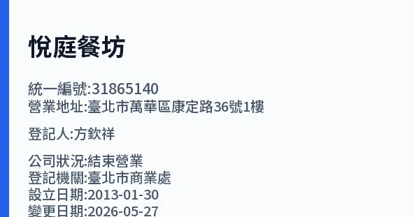 悅庭餐坊的照片-統編 31865140(臺北市) 公司登記資料與營業項目詳細圖表
