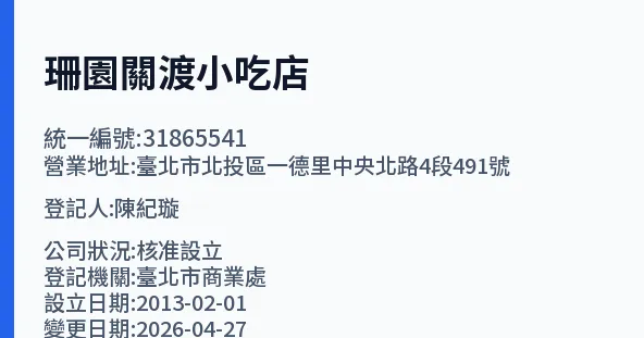 珊園關渡小吃店的照片-統編 31865541(臺北市) 公司登記資料與營業項目詳細圖表