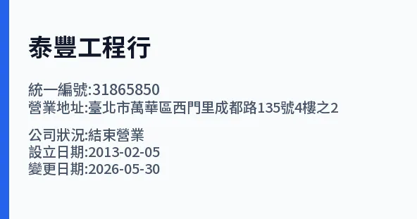 泰豐工程行的照片-統編 31865850(臺北市) 公司登記資料與營業項目詳細圖表