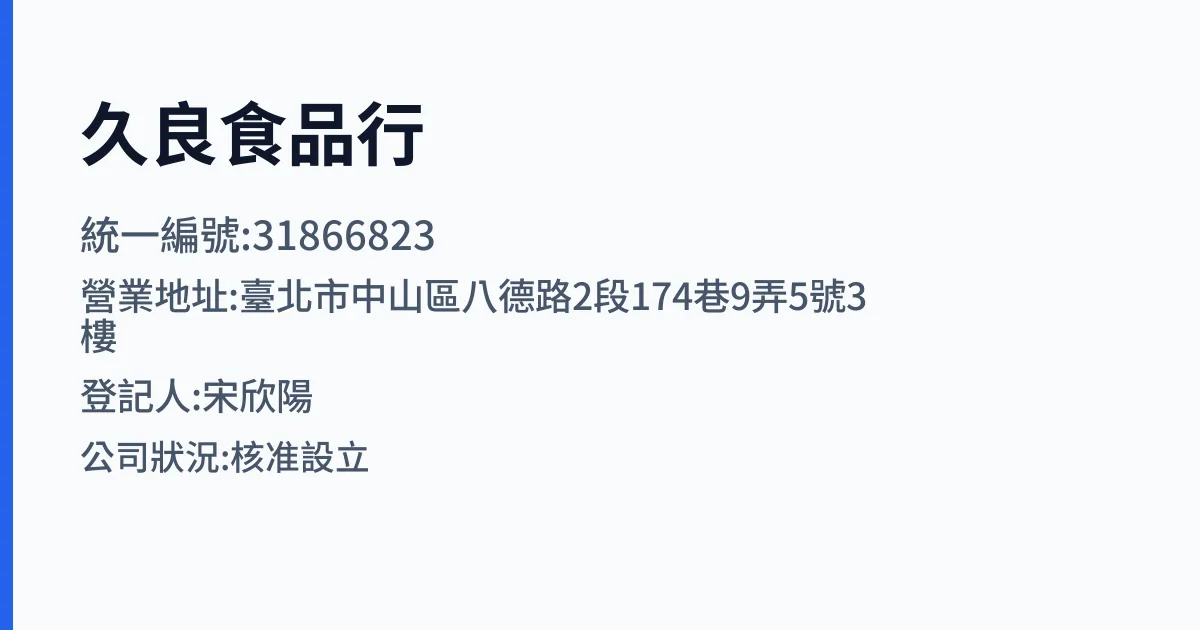 久良食品行 - 統編 31866823(臺北市) 公司登記資料與營業項目詳細圖表