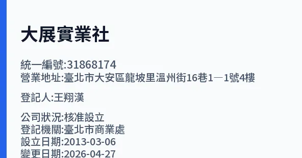 大展實業社的照片-統編 31868174(臺北市) 公司登記資料與營業項目詳細圖表