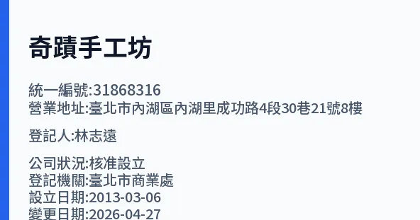 奇蹟手工坊的照片-統編 31868316(臺北市) 公司登記資料與營業項目詳細圖表