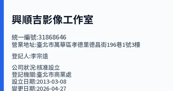 興順吉影像工作室的照片-統編 31868646(臺北市) 公司登記資料與營業項目詳細圖表