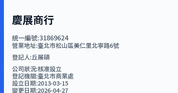 慶展商行的照片-統編 31869624(臺北市) 公司登記資料與營業項目詳細圖表