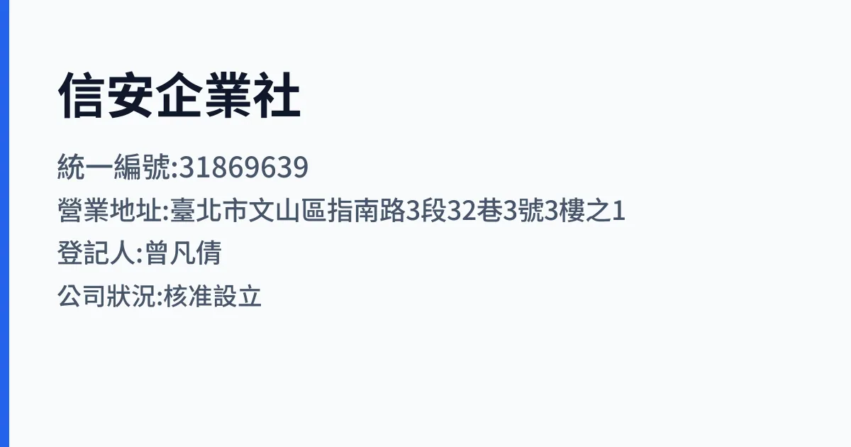 信安企業社 - 統編 31869639(臺北市) 公司登記資料與營業項目詳細圖表