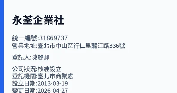 永荃企業社的照片-統編 31869737(臺北市) 公司登記資料與營業項目詳細圖表