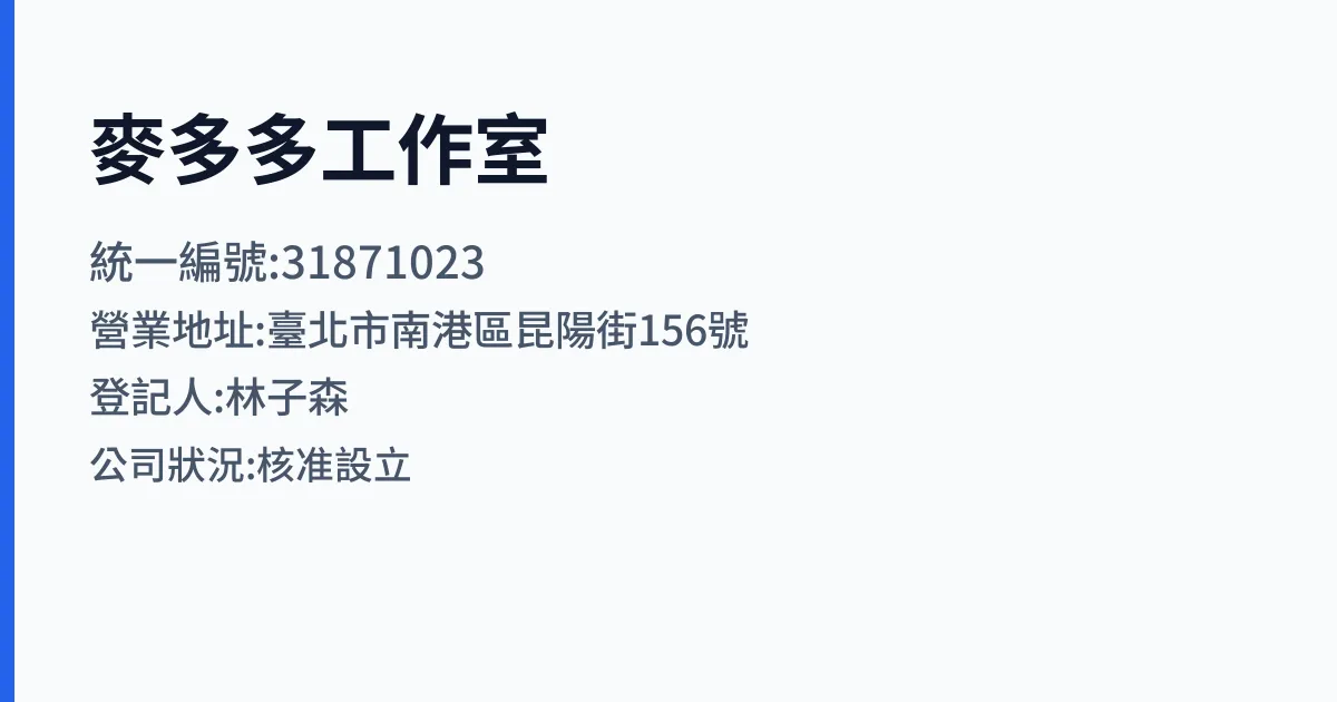 麥多多工作室 - 統編 31871023(臺北市) 公司登記資料與營業項目詳細圖表