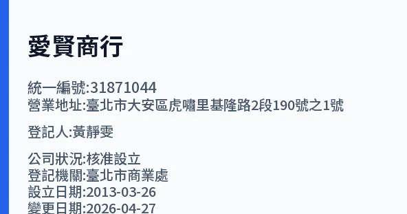 愛賢商行的照片-統編 31871044(臺北市) 公司登記資料與營業項目詳細圖表