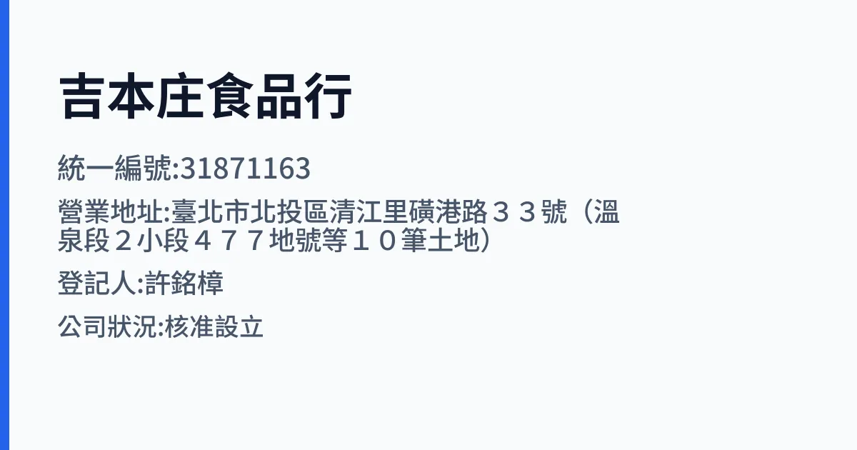 吉本庄食品行 - 統編 31871163(臺北市) 公司登記資料與營業項目詳細圖表