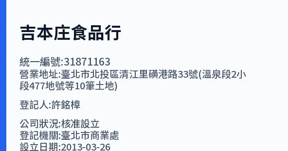 吉本庄食品行的照片-統編 31871163(臺北市) 公司登記資料與營業項目詳細圖表