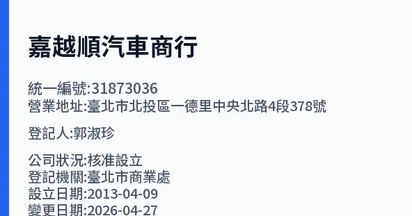 嘉越順汽車商行的照片-統編 31873036(臺北市) 公司登記資料與營業項目詳細圖表