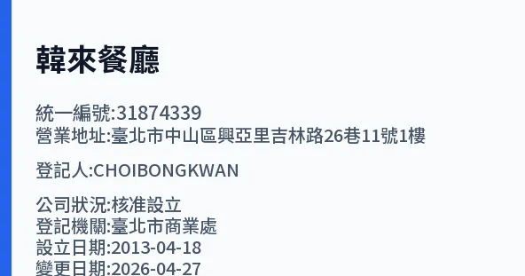 韓來餐廳的照片-統編 31874339(臺北市) 公司登記資料與營業項目詳細圖表
