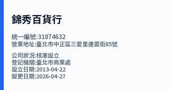 錦秀百貨行的照片-統編 31874632(臺北市) 公司登記資料與營業項目詳細圖表