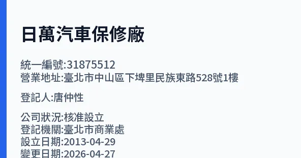 日萬汽車保修廠的照片-統編 31875512(臺北市) 公司登記資料與營業項目詳細圖表