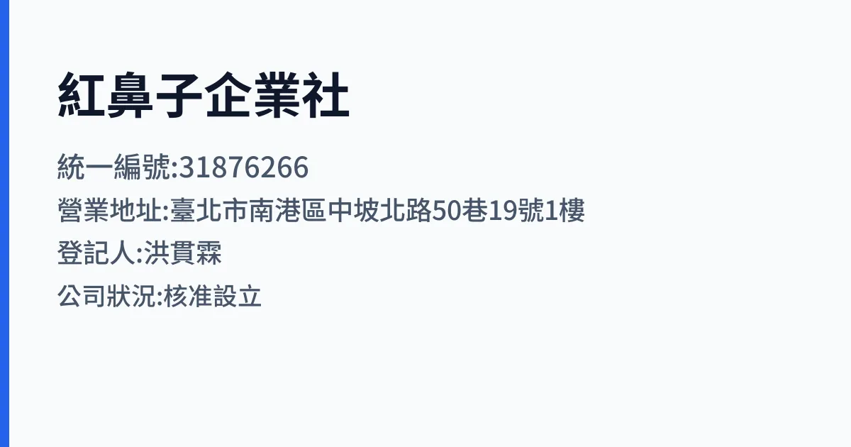 紅鼻子企業社 - 統編 31876266(臺北市) 公司登記資料與營業項目詳細圖表