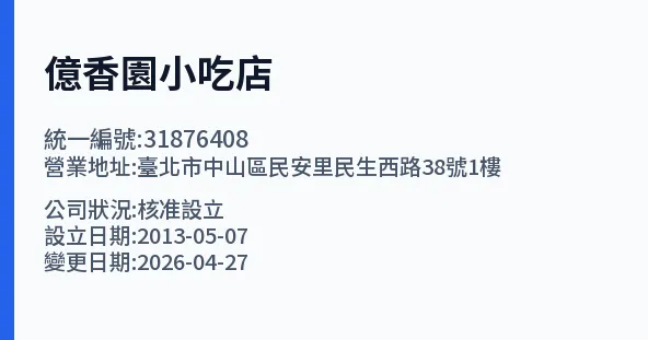 億香園小吃店的照片-統編 31876408(臺北市) 公司登記資料與營業項目詳細圖表