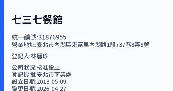 七三七餐館的照片-統編 31876955(臺北市) 公司登記資料與營業項目詳細圖表