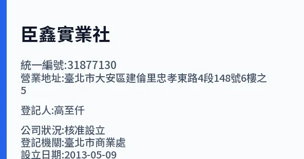 臣鑫實業社的照片-統編 31877130(臺北市) 公司登記資料與營業項目詳細圖表