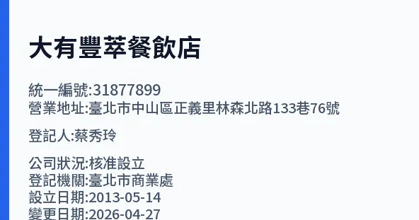 大有豐萃餐飲店的照片-統編 31877899(臺北市) 公司登記資料與營業項目詳細圖表