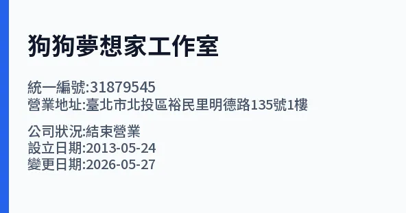 狗狗夢想家工作室的照片-統編 31879545(臺北市) 公司登記資料與營業項目詳細圖表