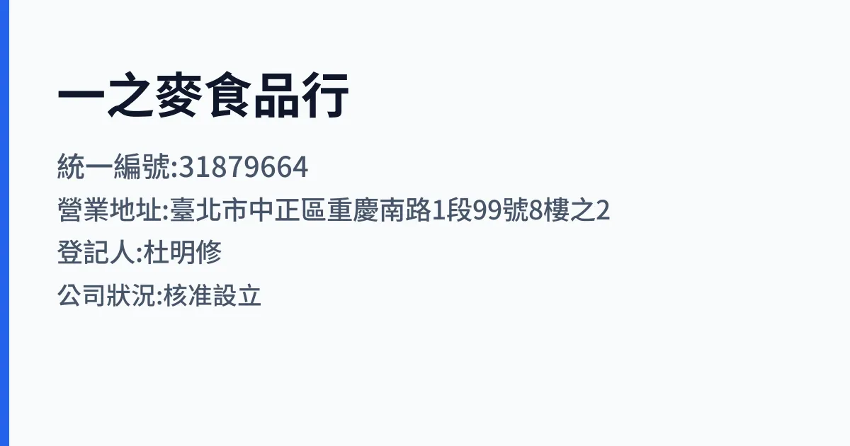 一之麥食品行 - 統編 31879664(臺北市) 公司登記資料與營業項目詳細圖表