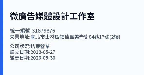 微廣告媒體設計工作室的照片-統編 31879876(臺北市) 公司登記資料與營業項目詳細圖表