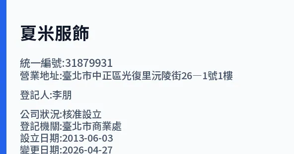 夏米服飾的照片-統編 31879931(臺北市) 公司登記資料與營業項目詳細圖表