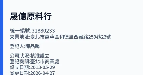 晟億原料行的照片-統編 31880233(臺北市) 公司登記資料與營業項目詳細圖表