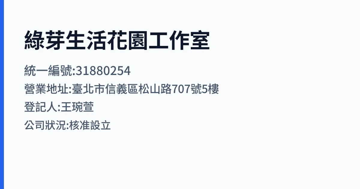 綠芽生活花園工作室 - 統編 31880254(臺北市) 公司登記資料與營業項目詳細圖表