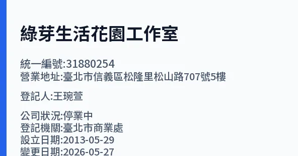 綠芽生活花園工作室的照片-統編 31880254(臺北市) 公司登記資料與營業項目詳細圖表