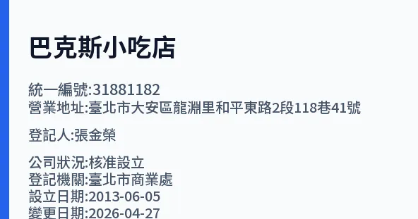 巴克斯小吃店的照片-統編 31881182(臺北市) 公司登記資料與營業項目詳細圖表