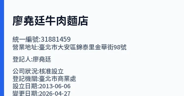 廖堯廷牛肉麵店的照片-統編 31881459(臺北市) 公司登記資料與營業項目詳細圖表