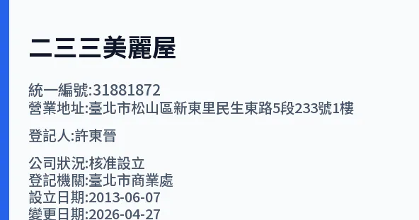 二三三美麗屋的照片-統編 31881872(臺北市) 公司登記資料與營業項目詳細圖表