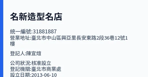 名新造型名店的照片-統編 31881887(臺北市) 公司登記資料與營業項目詳細圖表