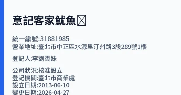 意記客家魷魚焿的照片-統編 31881985(臺北市) 公司登記資料與營業項目詳細圖表
