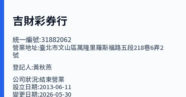 吉財彩券行的照片-統編 31882062(臺北市) 公司登記資料與營業項目詳細圖表